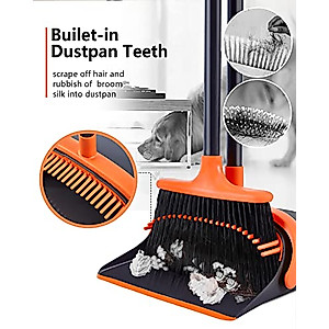 Broom and Dustpan Set for Home,Broom and Dust Pans with Long Handle,Indoor Broom with Dustpan Combo Set,Stand Up Broom and Dustpan,Kitchen Broom Dustpan for Home Room Office Lobby Floor Use(Orange)