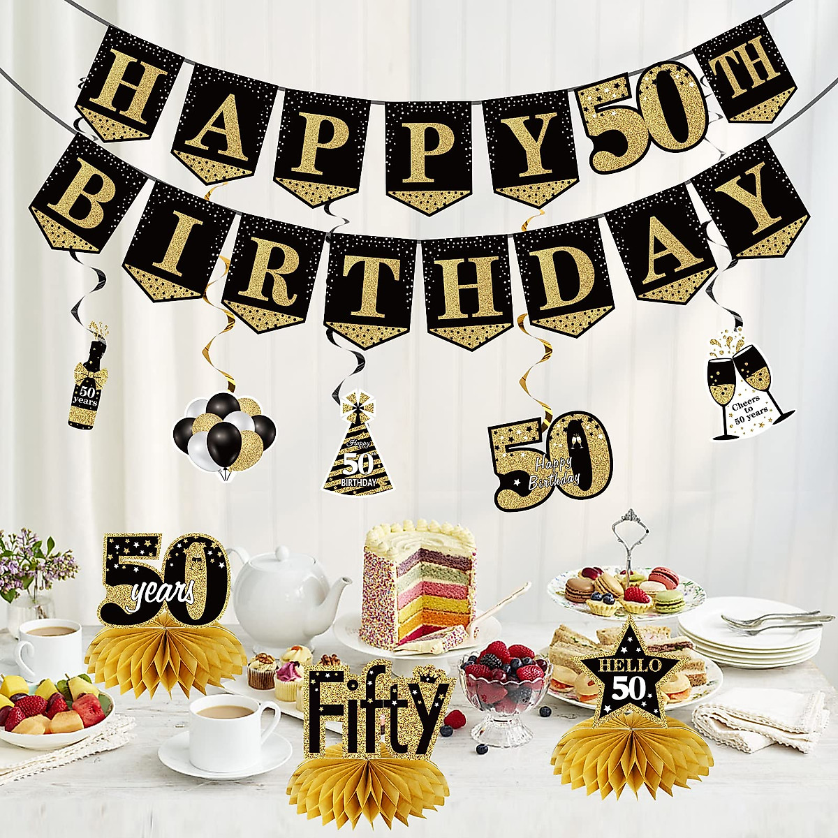 50th Birthday Banner Decorations for Men Women, 10Pcs Happy 50th Birthday Banner Honeycomb Centerpieces Swrils Kit