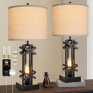 LEDIARY 27" Tall Farmhouse Table Lamps with AC Outlet and USB Ports, Rustic Living Room Lamps Set of 2, Black Industrial End Table Lamp for Bedroom Nightstand, 2 Blubs Included