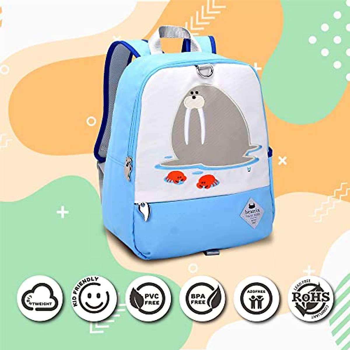 Beatrix New York - Toddler & Kids 11.5" Backpack Bag with Removable Leash for Girls & Boys (WALRUS), Ideal for Preschool & Kindergarten Back to School