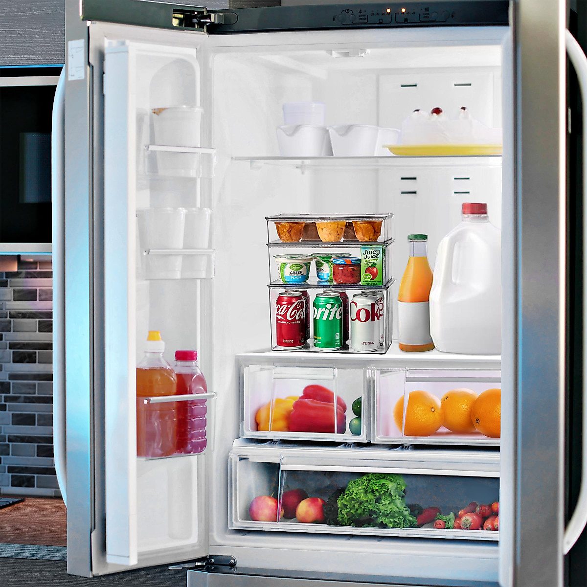 Sorbus Durable Plastic Storage Bins with Lids- Stackable Refrigerator Organizer Bins- MultiPurpose & Versatile- Lightweight Pantry Organizer- Cabinet Organizers and Storage for Kitchen- 3 Pack (L,M,S)