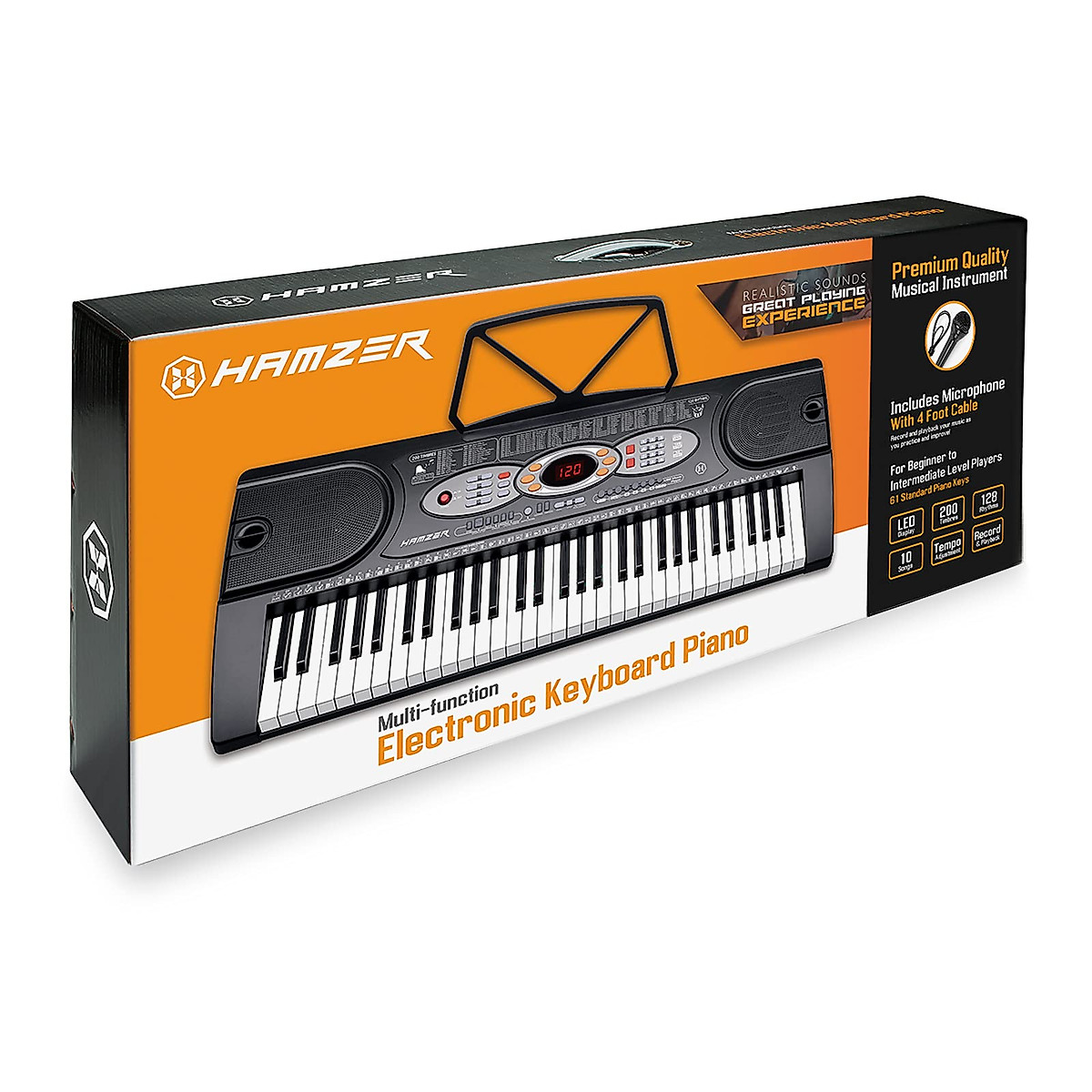 Hamzer 61-Key Electronic Keyboard Portable Digital Music Piano with H-Stand, Stool, Headphones, Microphone, & Sticker Set