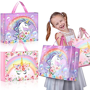 Sweetude 6 Pcs Unicorn Large Gift Bags 16inch Birthday Tote Bag with Handles Reusable Non Woven Shopping Bag for Party Favor(Unicorn)