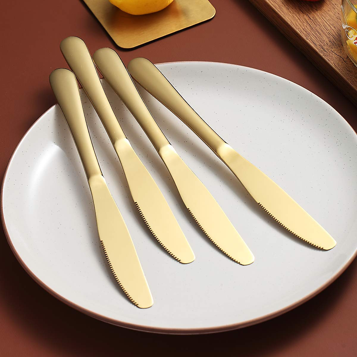 Gold Dinner Knives Set Of 12, Berglander Stainless Steel Titanium Plating Shiny Gold Dinner Knife, Butter Knife Spreader Table Knives Sturdy And Dishwasher Safe