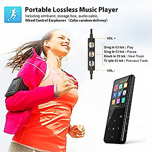 MP3 Player, 64GB MP3 Players with Bluetooth 5.2 Supports Lossless Music to Restore High-Fidelity Sound Quality, with FM, Support Recording, Includes arm Strap and Player Case, Easy to Carry, Black.