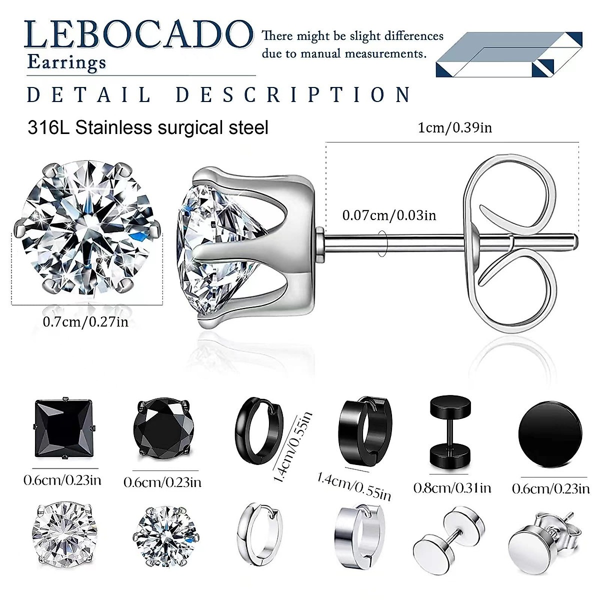 LEBOCADO 12 Pairs Earrings for Men, Stainless Steel Black Stud Earrings Hoop Earrings Set for Women, Black and Sliver Ear Studs (12 Pairs Set)