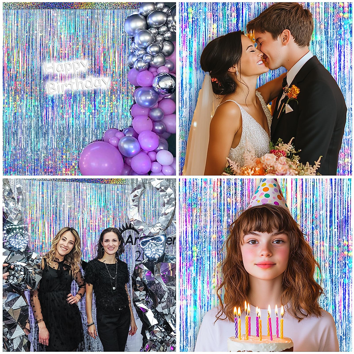 4 Packs Silver Foil Fringe Curtain, Silver Glitter Metallic Tinsel Backdrop for Birthday, Wedding, Baby Shower, 70s 80s 90s Theme Disco Party, Bachelorette Party, Iridescent Party Decorations Supplies