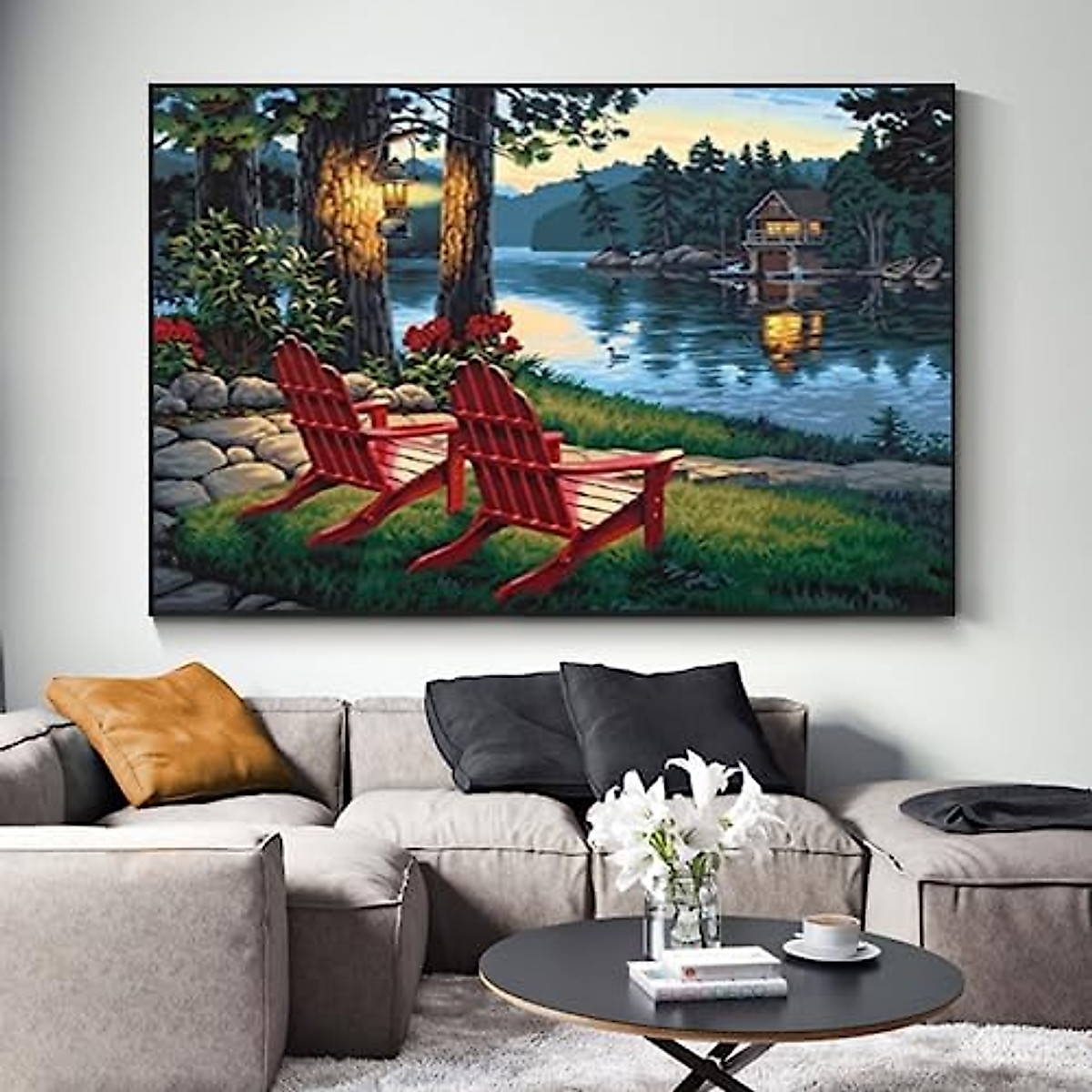 Stamped Cross Stitch Kits for Adults Beginners Evening Lake Forest Rest Time Pattern 11CT Pre-Printed Fabric Embroidery Arts and Crafts Kit Needlepoint Starter DIY Wall Decor, 16 x 20 inch