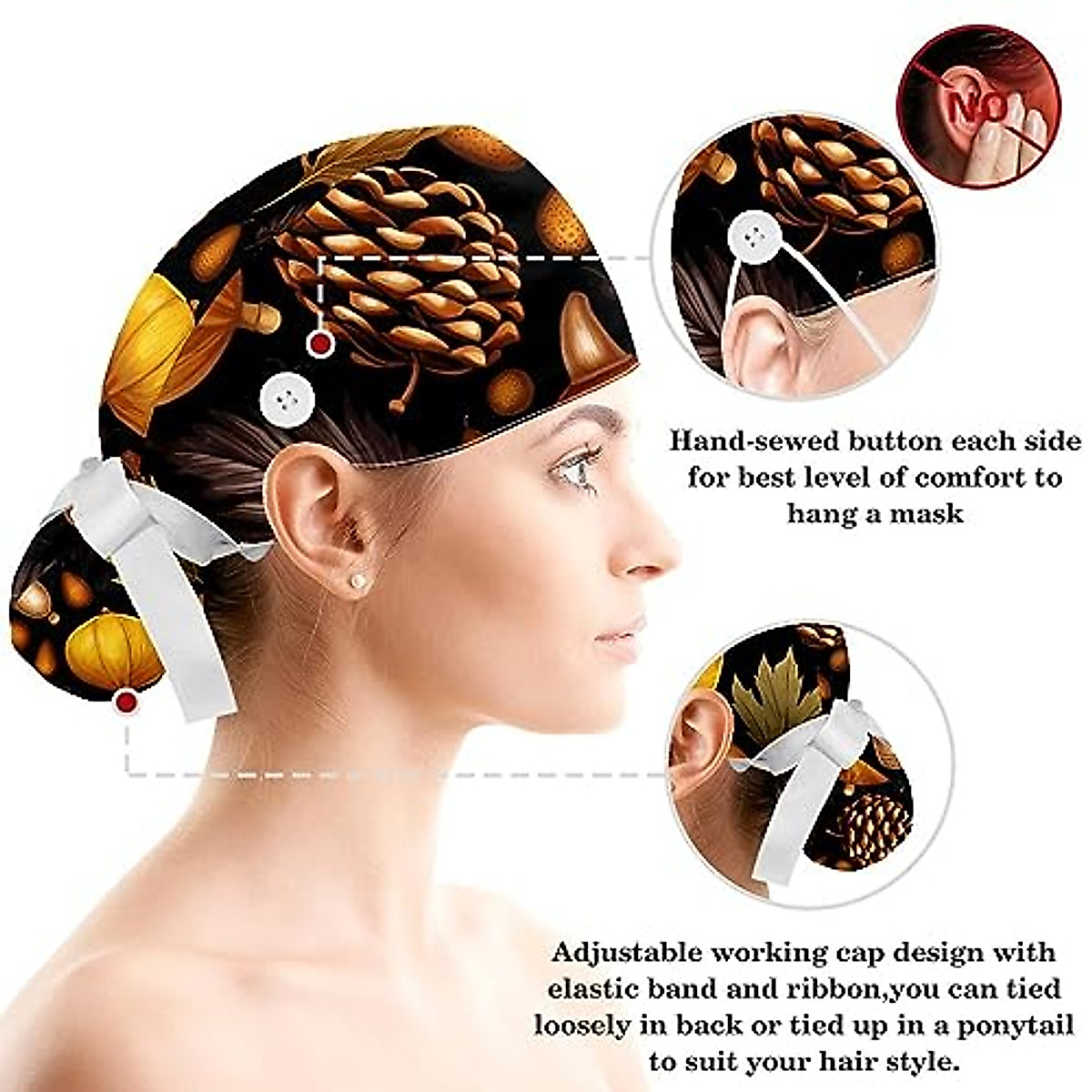 Thanksgiving Acorn Working Cap with Button Sweatband Adjustable Tie Back Bouffant Hats with Scrunchie