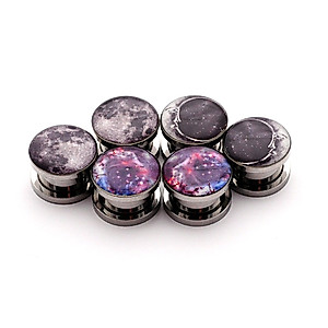 Set of 3 pairs Screw on Picture Plugs - Set #1 - (Full Moon, Moon Style 2, Galaxy) - All 3 pairs included (2g (6mm))