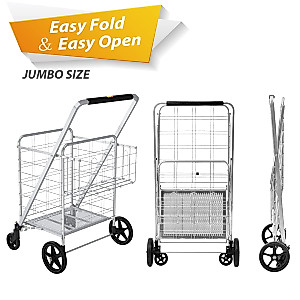 Supenice Jumbo Shopping Cart with Double Basket Grocery Cart Deluxe Folding Shopping Cart 360°Rolling Swivel Bearing Wheels Super Loading Utility Cart for Laundry, Grocery, Luggage