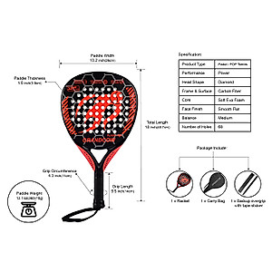 GRANDCOW Padel Racket Padel Racquet Carbon Fiber Surface with EVA Memory Flex Foam Core Diamond Shape POP Tennis Paddle Rackets (Strong Red)