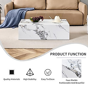 KEVINSPACE Coffee Tables for Living Room, 39.37" Modern Coffee Table Faux Marble Rectangular Drum Coffee Table, Fully-Assembled White Furniture with Mid Century Design for Waiting Area