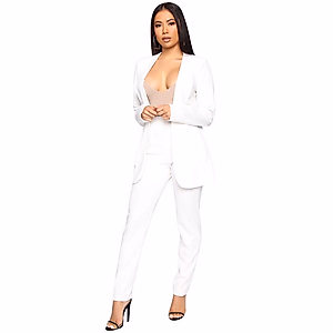 Aro Lora Women's 2 Piece Outfit Casual Solid Open Front Blazer and Pencil Pant Suits Set Large White