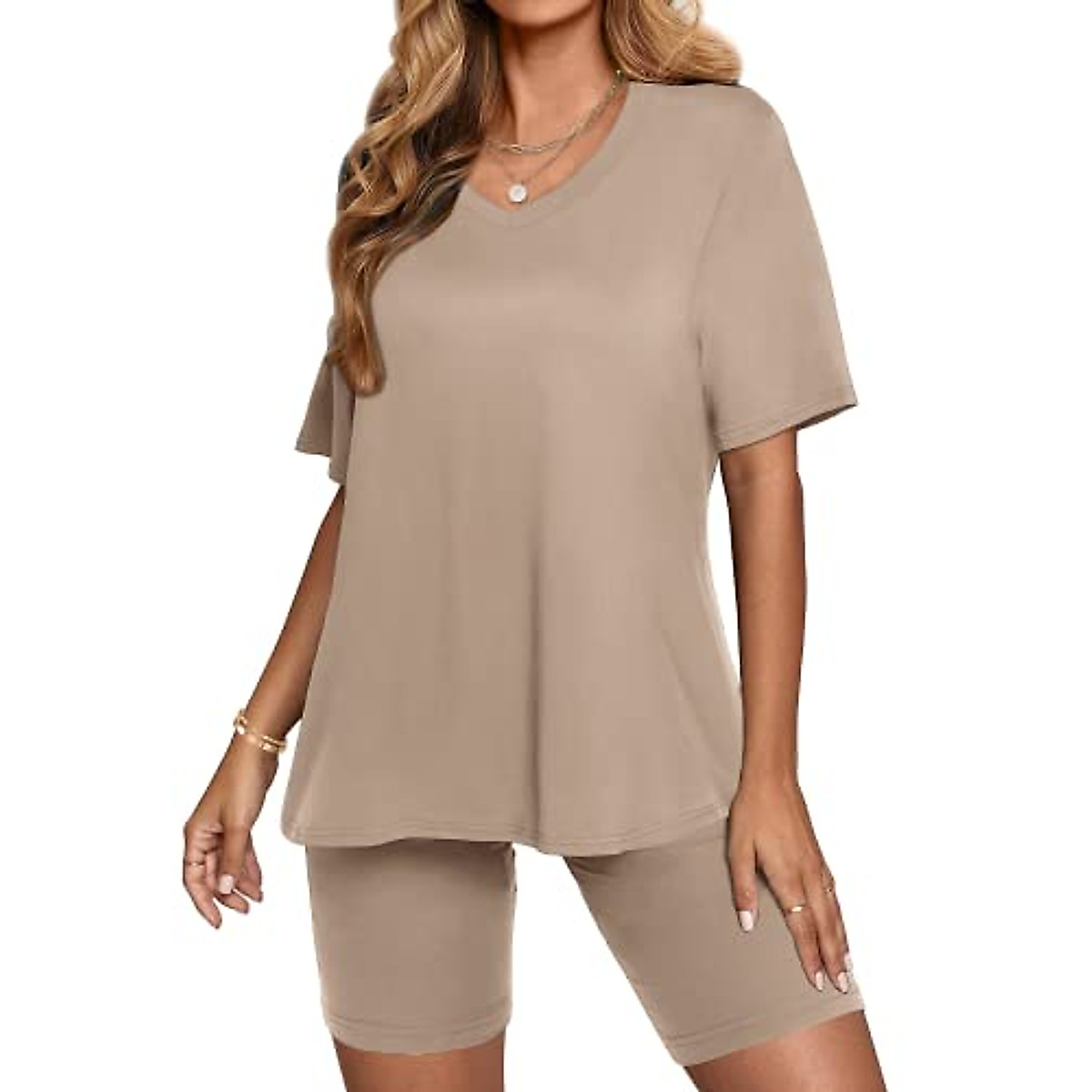 AGSEEM 2 Piece Summer Outfits For Women Shorts Sleeve V Ncek Summer Clothes Khaki XL