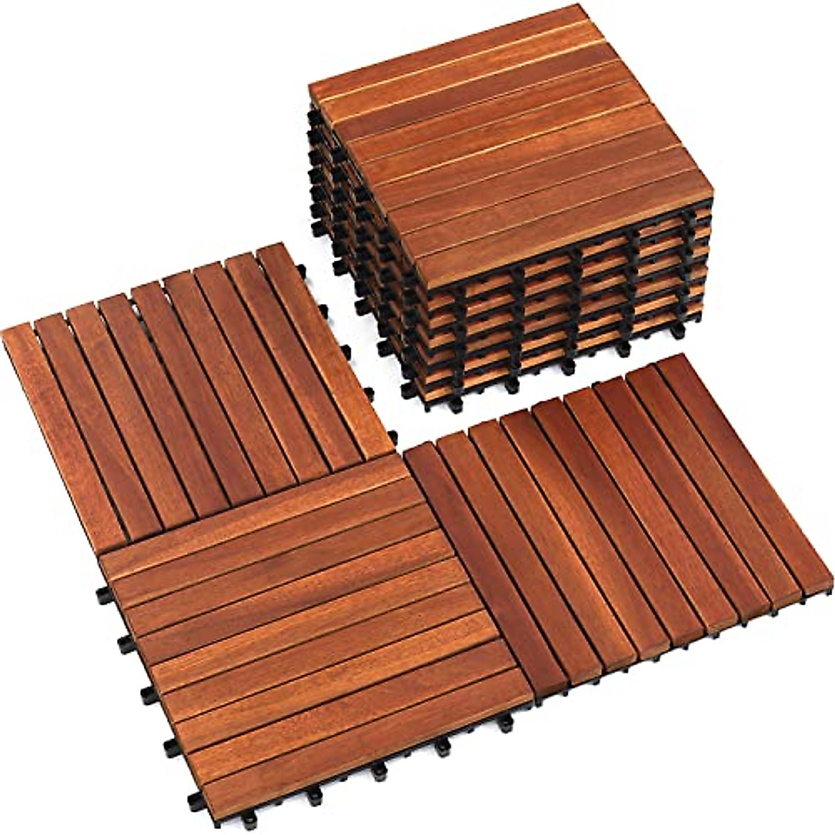 Wood Interlocking Flooring Tiles (Pack of 10, 12" x 12"), Solid Wood Acacia Deck Tiles Interlocking, Patio Tiles Outdoor Interlocking Waterproof All Weather (9 Slat, Dark Brown Color)