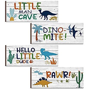 4 Pcs Dinosaur Room Bedroom Decor Boys Dinosaur Wall Decor, Motivational Quote Wood Dinosaur Decorations Hanging Sign Prints Plaques for Boy Kids Nursery Playroom (Simple Style)