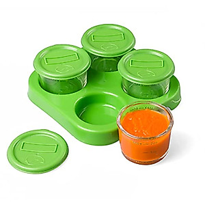Glass Baby Food Storage Containers w Write What You Want Lids (4 Pk)- 2oz Jars with Storage Tray & Dry-Erase Marker- Microwave, Freezer, & Dishwasher Safe- For Homemade Babyfood, Breast Milk- BPA Free