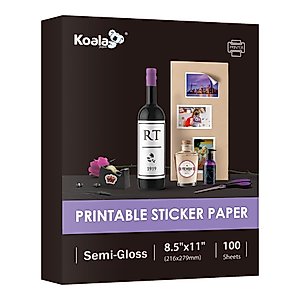 Koala Semi Glossy Sticker Paper for Inkjet and Laser Printer 100 Sheets Printable Sticker Paper, 8.5 x 11 Inch Adhesive Photo Sticker Paper, Work Well with Cutting Machine