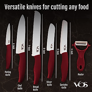 Vos Universal Knife Block and Ceramic Kitchen Knives With Peeler, Ceramic Paring Knife 4", 5", 6", 7", 8" Inch Red