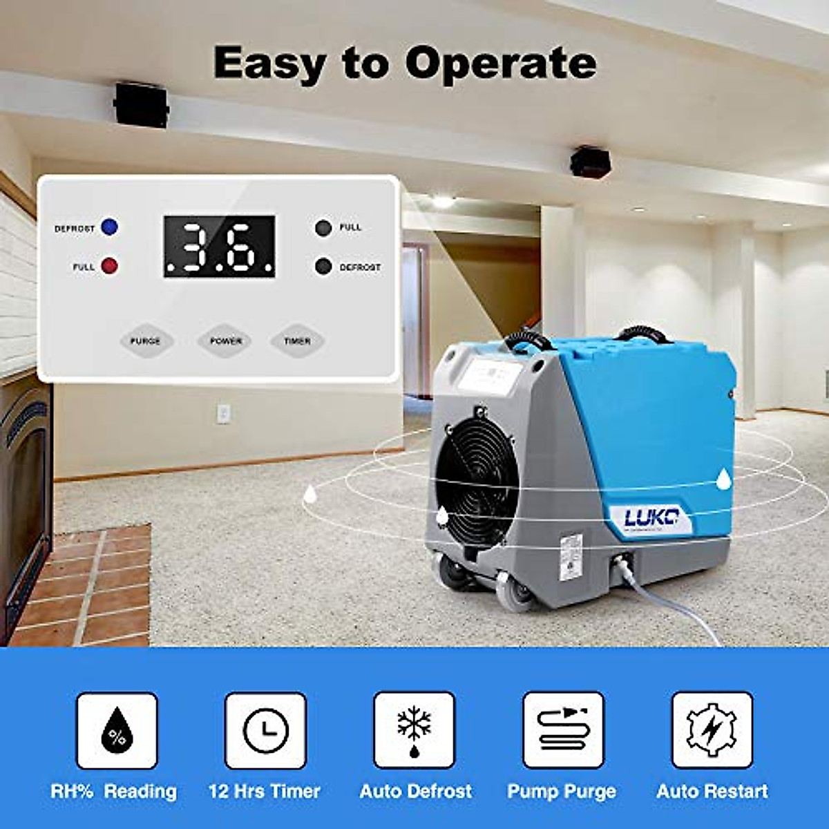 180 Pints Commercial Dehumidifiers for Basement, with Pump Drain Hose for Warehouse&Job Sites, Large Capacity Rotational Molded Portable Crawl Space Dehumidifier for Efficient Water Damage Restoration