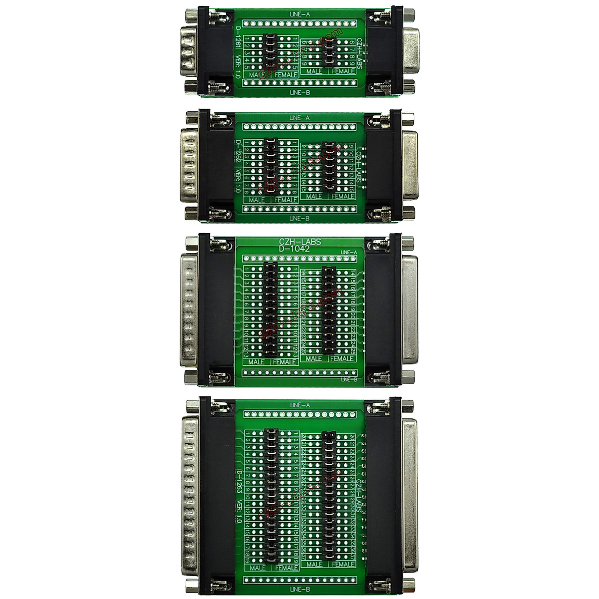 CZH-Labs Combo Package D'sub DB9 DB15 DB25 DB37 Diagnostic Test Breakout Boards.