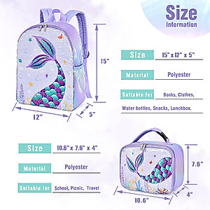 WERNNSAI Mermaid Kids Backpack Set - 15” Mermaid Sequins School Backpack with Lunch Bag for Girls Preschool Kindergarten Elementary Travel Laptop Lightweight Book Bag Insulated Lunch Tote Bag