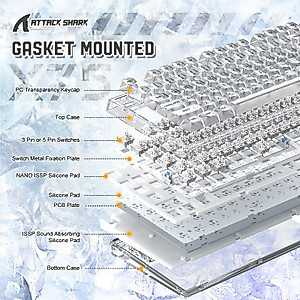 ATTACK SHARK X75 PRO PC Transparent Wireless Hot Swappable Mechanical Keyboard with 2.4G/Bluetooth/Wired Coiled Cable,Acrylic Wirst Rest,Gasket Mounted,for Windows/Mac(Kailh MX Switches)