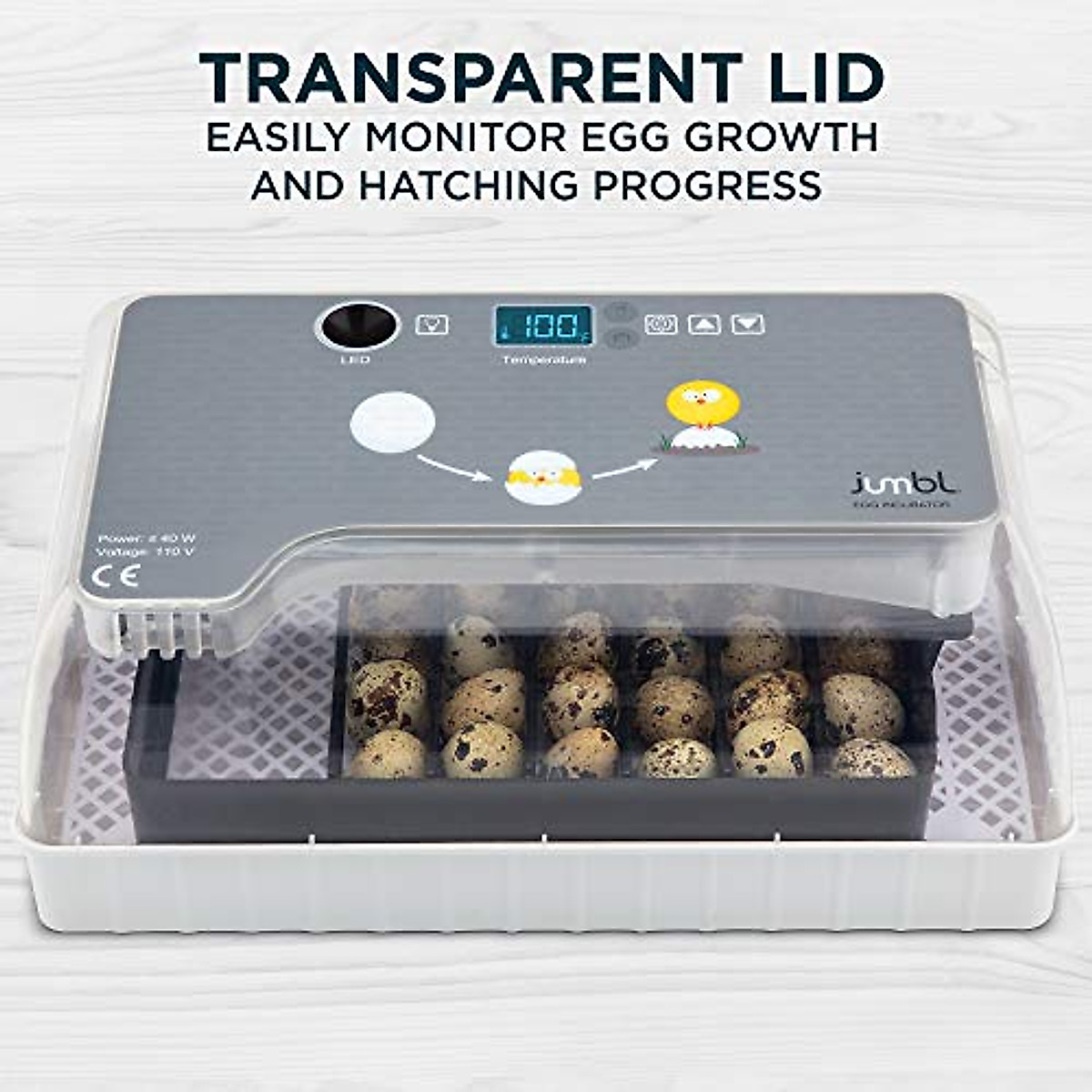 Jumbl Clear Egg Incubator, Fully Automatic Digital Poultry Hatching Machine, Temperature Control & Automatic Egg Turner, LED Candler, Mini 12-35 Egg Incubator Breeder for Chicken, Ducks & More