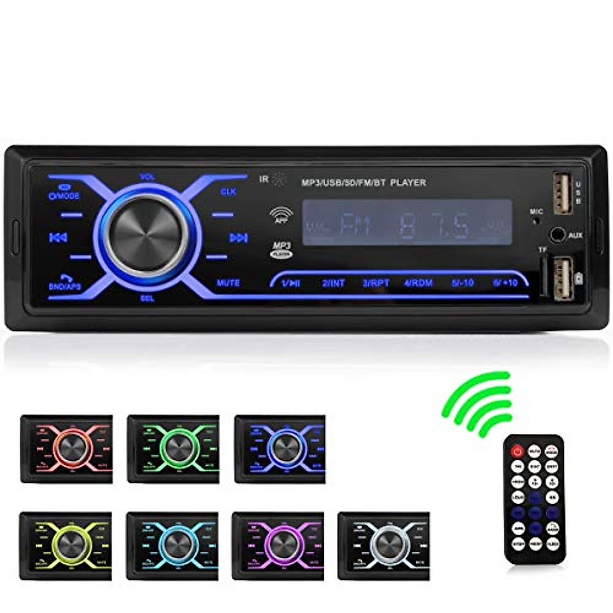 RuiFuDio Single Din Bluetooth Car Stereo FM, Radio Receiver with USB/AUX-in/SD Card Port /USB Support for Playing Music, Hands Free Calling MP3 Player with Wireless Remote Control,7 Lighting Colors