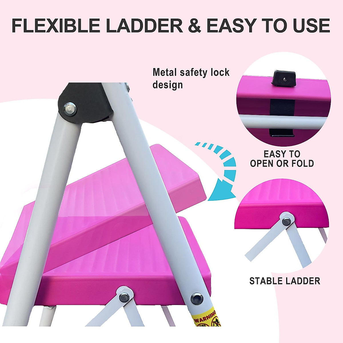 Step Ladder Folding 2 Step Stool Adult with Wide & Anti-Slip Pedals Ergonomic Portable Steel Ladder for Household, Kitchen, Office 330LBS (Pink, 2 Step)