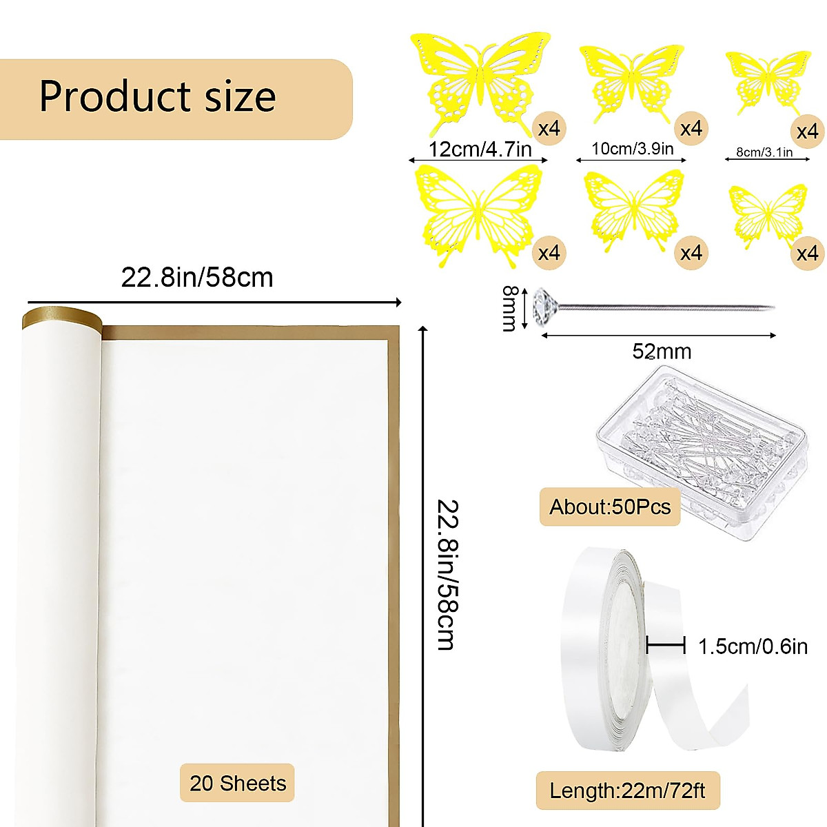 Unarty 20 Sheets White Flower Wrapping Paper with Ribbon, 24Pcs Gold Butterfly Decorations, 50Pcs Flower Pins, Waterproof Bouquet Wrapping Paper with Gold Edge, White Flower Paper Wrap