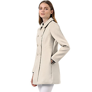 Allegra K Women's Peter Pan Collar Double Breasted Winter Long Trench Pea Coat Small Beige