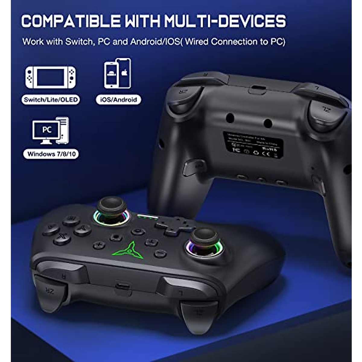 Switch Controller, Wireless Switch Controller Compatible with Switch Controller/Switch Lite/OLED, Wireless Switch Controllers Work with iOS/Android/PC with RGB Light, Programmable, TURBO & Wakeup