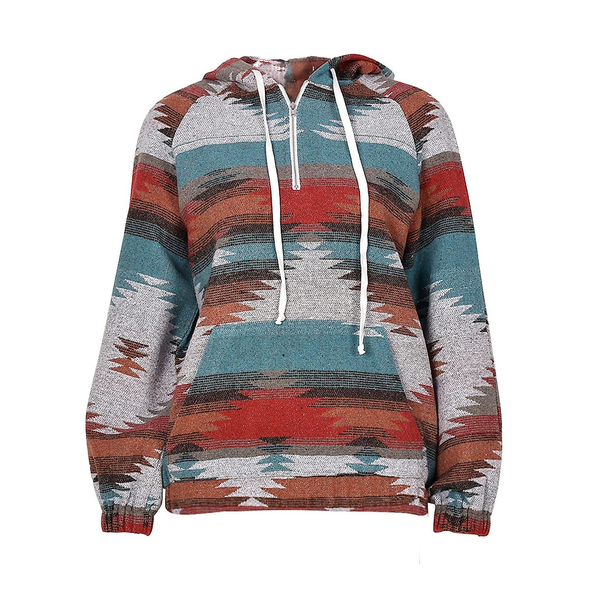 COWOKA Women's Aztec Print Pattern Western Ethnic Half Zip Long Sleeve Pullover Hoodie Sweatshirt Red L