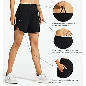 Libin Women's 5 Inches Athletic Running Shorts with Liner Quick Dry Workout Gym Shorts for Lounge Sports with Zipper Pockets,Black L