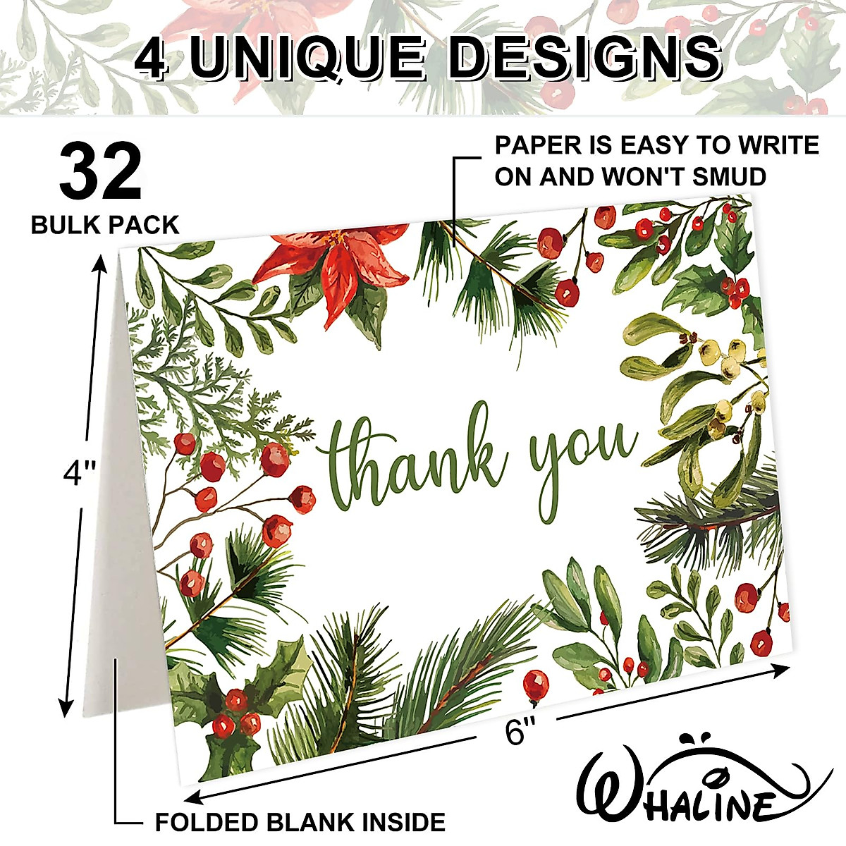 Whaline 32 Packs Christmas Thank You Greeting Cards Watercolor Holly Berry Blank Note Cards with Envelopes and Stickers for Xmas Winter Wedding, 4 x 6 Inch