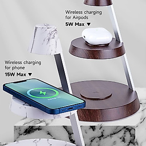 Bedside Lamp with Wireless Charging Station, Touch Control Desk Lamp, Stepless Dimming, 15W Wireless Charger Station for iPhone/Air Pods/Apple Watch, Ideal Gift for Home or Office (Wood Grain)