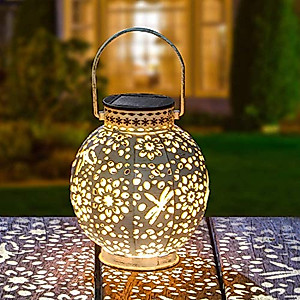 Solar Lantern Outdoor Hanging Lights Waterproof Metal LED Decorative Lights with Shadow Casting for Patio Garden Yard Tabletop