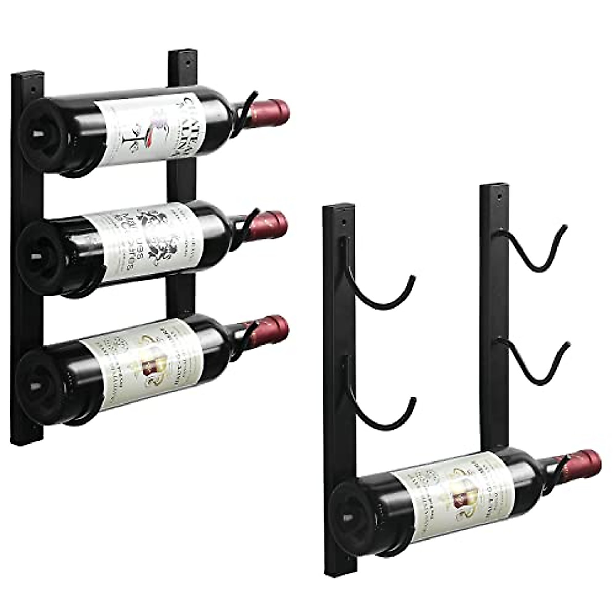 MyGift Modern Wall Mounted Matte Black Metal Wine Storage Rack Set, Hanging Wine Bottle Holder Display Rack, Holds 6 Bottles