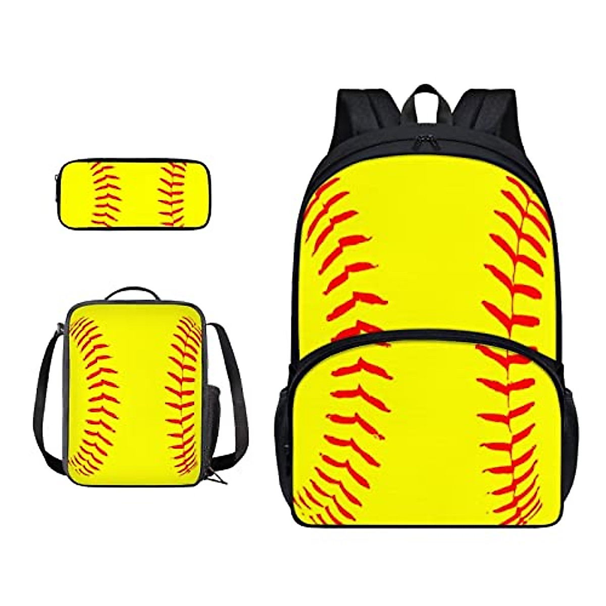 Suobstales Softball Print Backpack for Girls Kids Elementary Kindergarten Preschool School Bookbag with Lunch Box Pencil Case 3Pcs Set School Bag Lightweight Daypack Bagpack