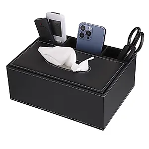 Sumnacon PU Leather Rectangular Tissue Box Cover - Multifunctional Tissue Box Holder with Stationery Remote Control Box, Decorative Tissue Pen Remote Organizer for Home/Office/Car/Restaurant, Black