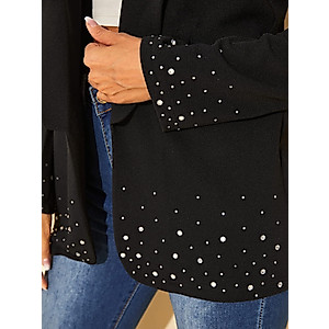 WDIRARA Women's Elegant Long Sleeve Blazer Open Front Rhinestone Suit Jackets Black 5XL