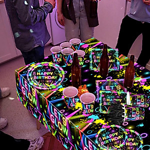 Neon Party Supplies,142Pcs Let Glow Party Decorations Including Disposable Paper Plates,Cups,Tablecloths, Glow in the Dark Theme Decoration for Birthday Baby Shower Party