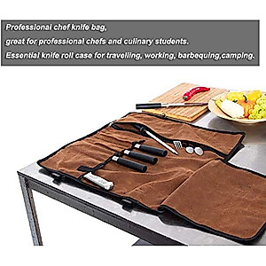 Chef’s Knife Roll, 5 Pockets Knife Bag,Waxed Canvas Roll Up Culinary Bag,Professional Cutlery Storage Case, Portable Knife Tool Roll Bag, Multi-Purpose Knife Cover For Cooking, Camping (Brown)