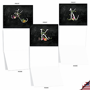 The Best Card Company - 10 Initial Letter K Assorted Blank Notecards, Floral Monogramed Personal Stationery w/Envelopes Bulk Box Set 4 x 5.12 Inch Thank You Notes - K Chalk and Roses M3795OCB-B1x10