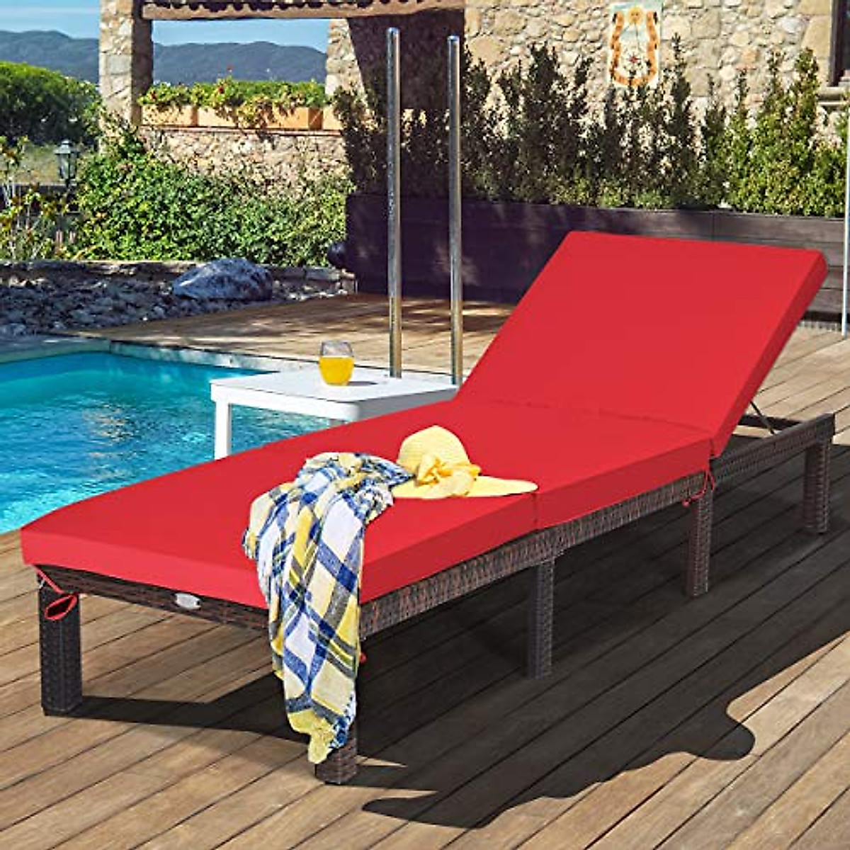 Nightcore Rattan Lounge Chair, Outdoor Wicker Lounge Chair Cushion with Thick Zipper Pad, Patio Recliner Chair with Adjustable Backrest, Chaise Lounge Recliner for Garden Patio Yard, Red (1)