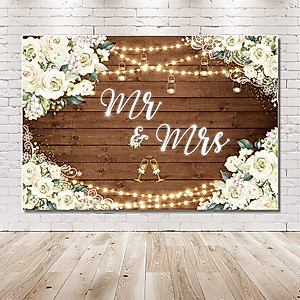 MEHOFOND 7x5ft White Floral Mr & Mrs Engagement Decorations Backdrop Couples Wedding Wooden Background Bride and Groom Engaged Ceremony Anniversary Bridal Shower Party Supplies Photobooth Props