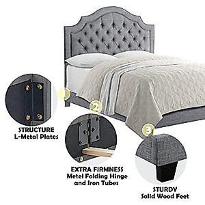 Rosevera Angelo Linen Upholstered Bed with Adjustable Headboard and Button Tufting, Full, Gray