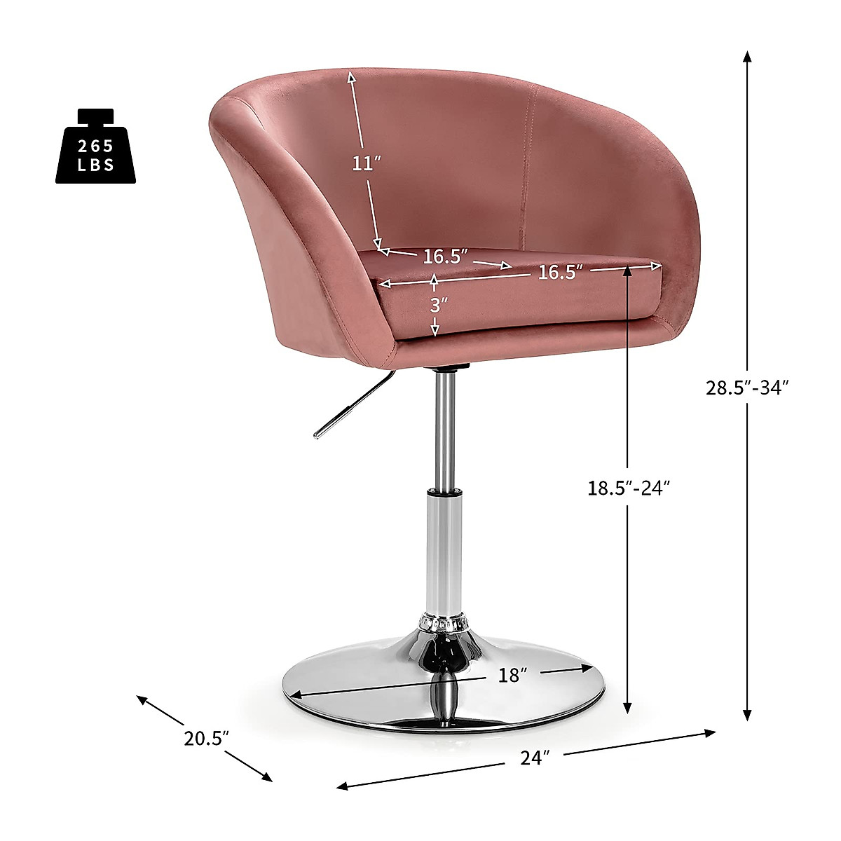 COSTWAY Vanity Chair, Height Adjustable Modern Velvet Makeup Chair with Chrome Frame, Round-Back, Comfortable Swivel Accent Leisure Chair for Living Room, Bedroom (Pink)